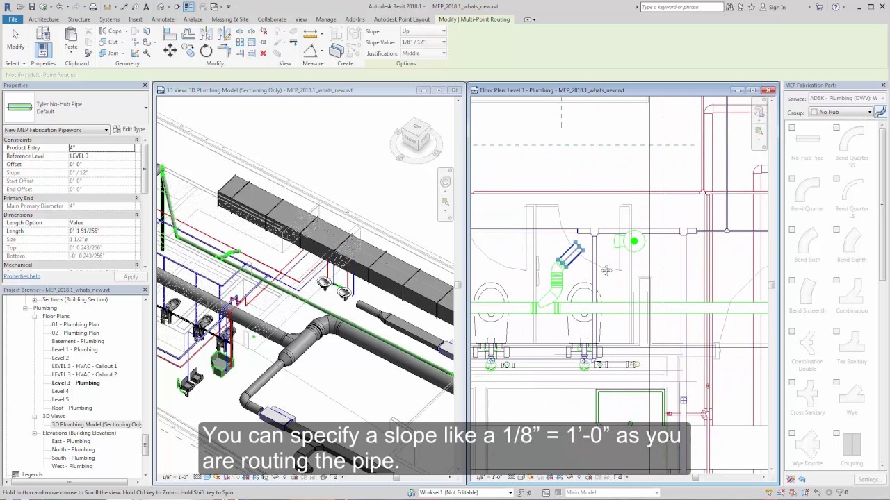Revit 2018.1 New Feature - Sloped Pipe in Multipoint Routing - Revit news