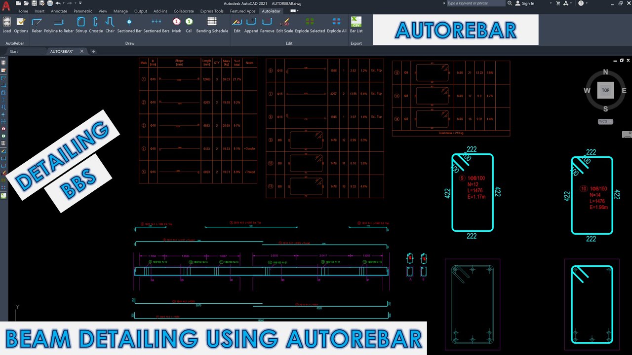 Beam Detailing & Bar Bending Schedule | AutoRebar | Autocad 2021 ...